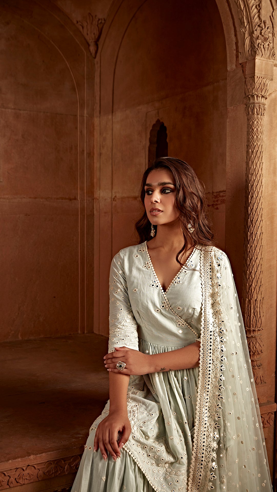 Ice Blue Double Layer All Over Barfi Embroided Angrakha – Preevin