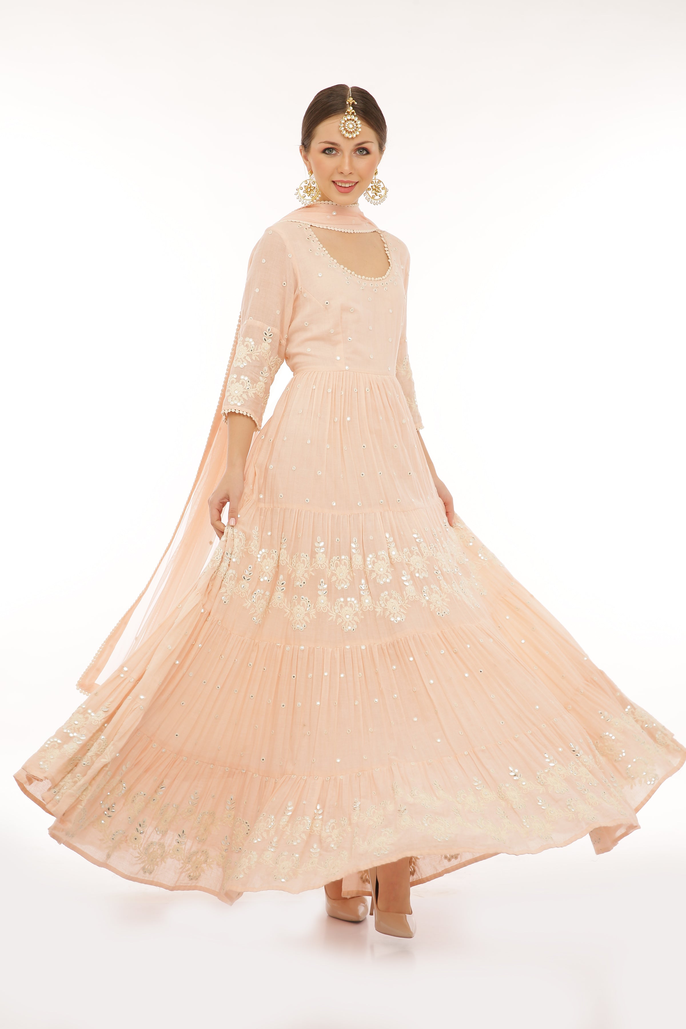 Blush Pink 4 Tier Flower Embroidered Anarkali with Dupatta – Preevin